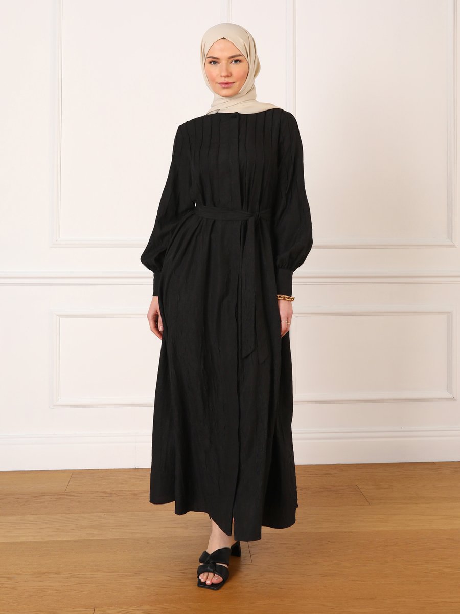 Refka Nervür Detaylı Hakim Yaka Siyah Elbise | Ehl-i Tesettür