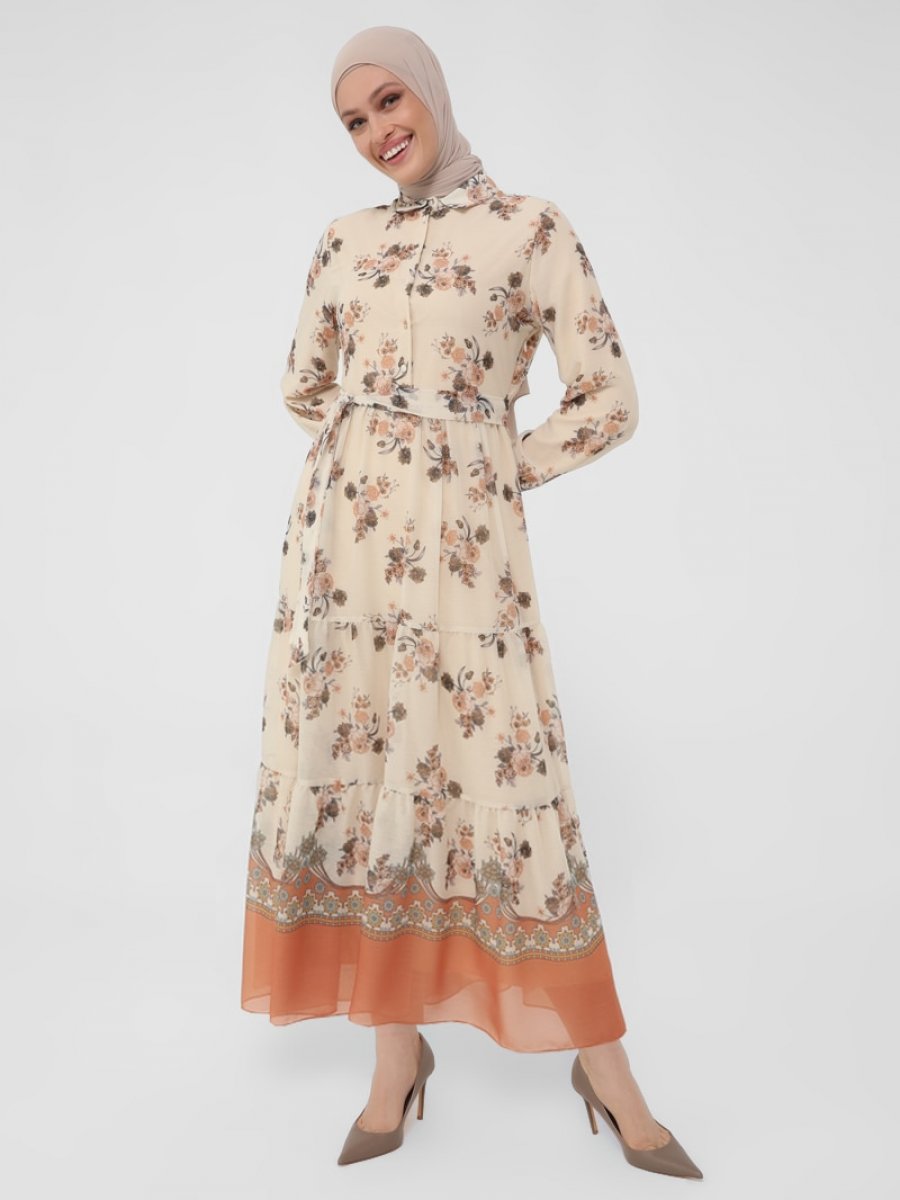 Refka Çiçek Desenli Şifon Gömlek Taba Elbise | Ehl-i Tesettür